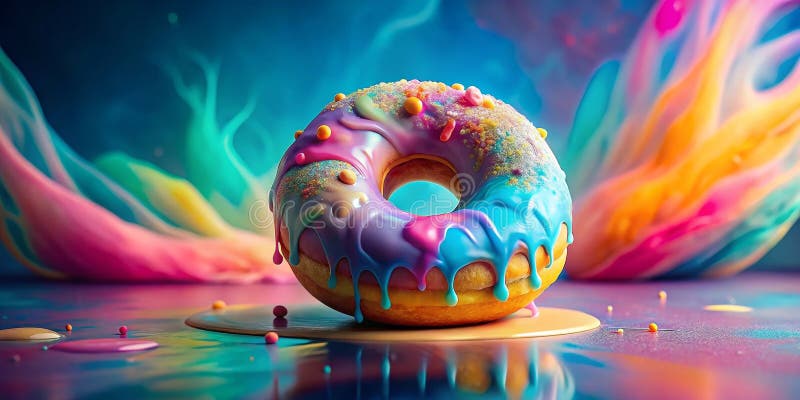 Vibrant Glazed Donut with Colorful Sprinkles on a Reflective Surface ...
