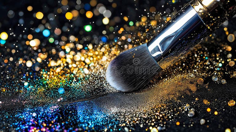 Vibrant Glitter Explosion with Makeup Brush on Dark Background Stock ...
