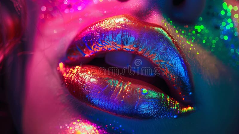 Vibrant Glitter Lips Under Colorful Lighting Stock Image - Image of ...
