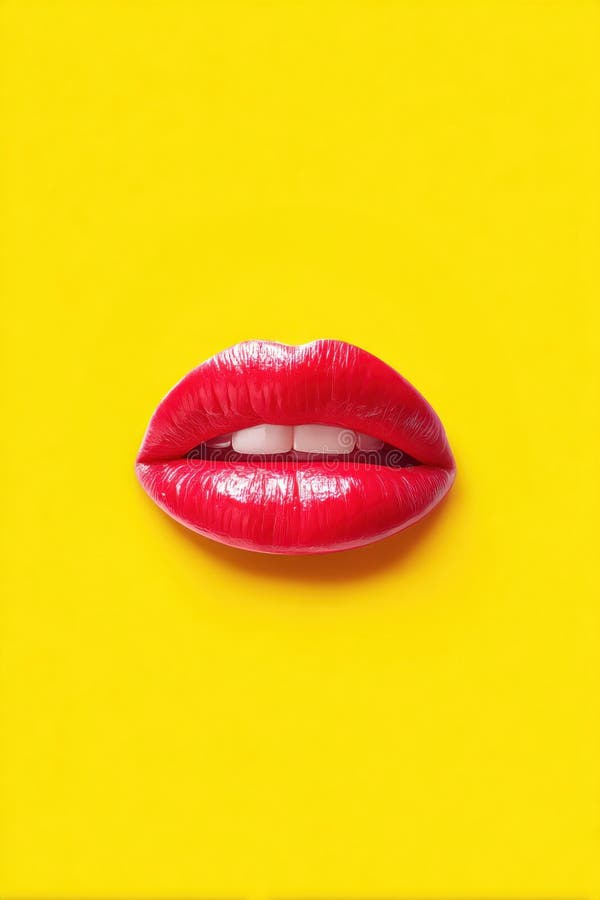 Vibrant, Glossy Red Lips Against a Striking Yellow Background for a ...