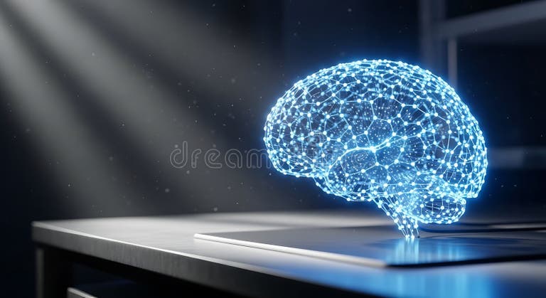 Futuristic Glowing Blue Digital Brain Model Illuminated by Dramatic ...