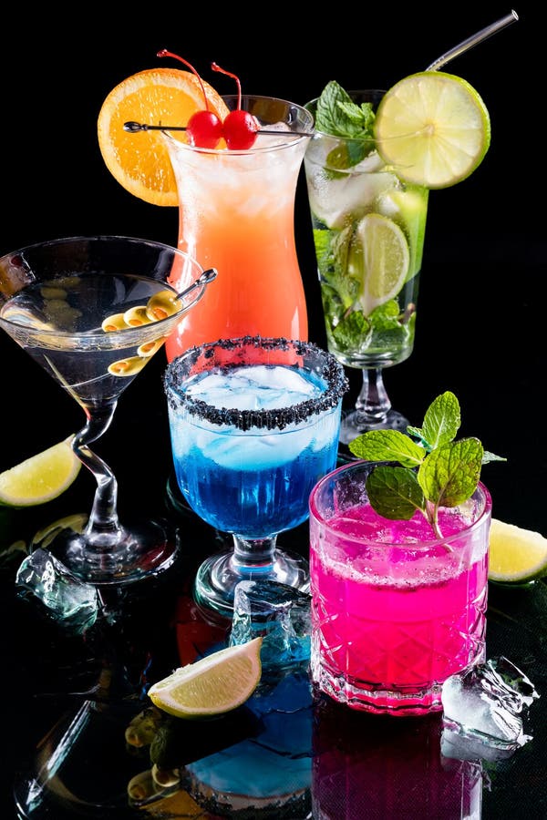 Vibrant Glowing Colourful Cocktails Against a Black Background. Stock ...