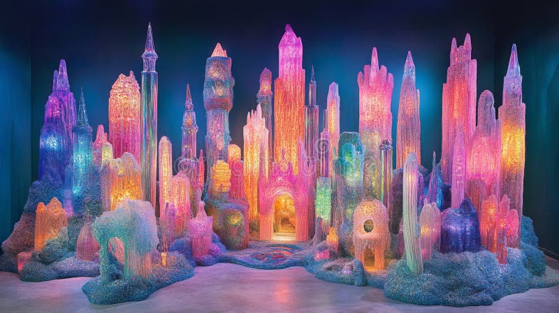 Vibrant Glowing Crystal City at Night Stock Illustration - Illustration ...