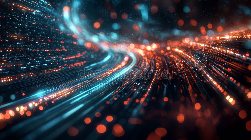 Glowing Digital Data Streams Flowing in a High-tech Virtual Environment ...