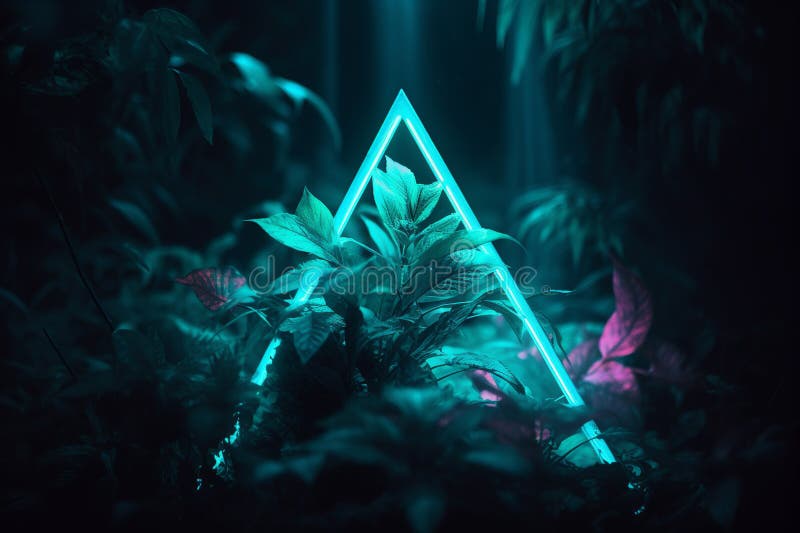 Vibrant Glowing Green Triangle Illuminating the Night Forest Bushes ...