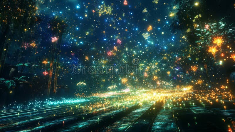 Vibrant Glowing Lights and Sparkles in Dark Night Fantasy Setting Stock ...