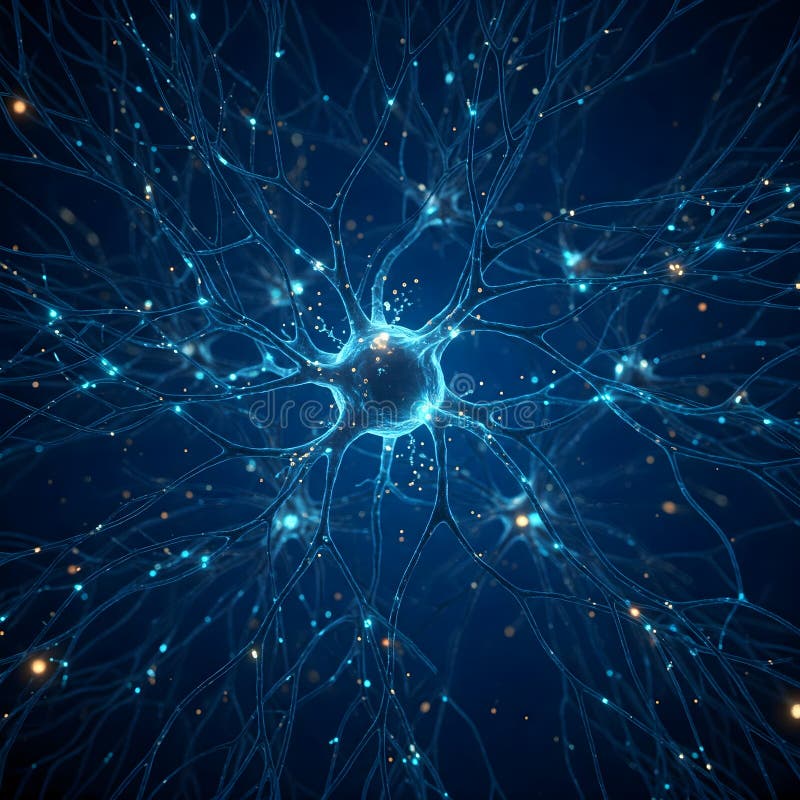 A Vibrant, Glowing Neuron in a Blue Hue, Surrounded by a Complex ...
