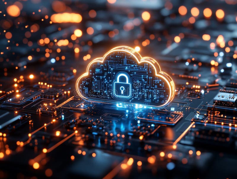 Vibrant Glowing Orange and Blue Cloud Lock Icon on a Futuristic Circuit ...