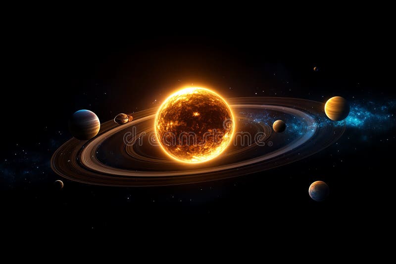 A Vibrant, Glowing Sun with Rings and Planets in a Dark, Starry Sky. a ...