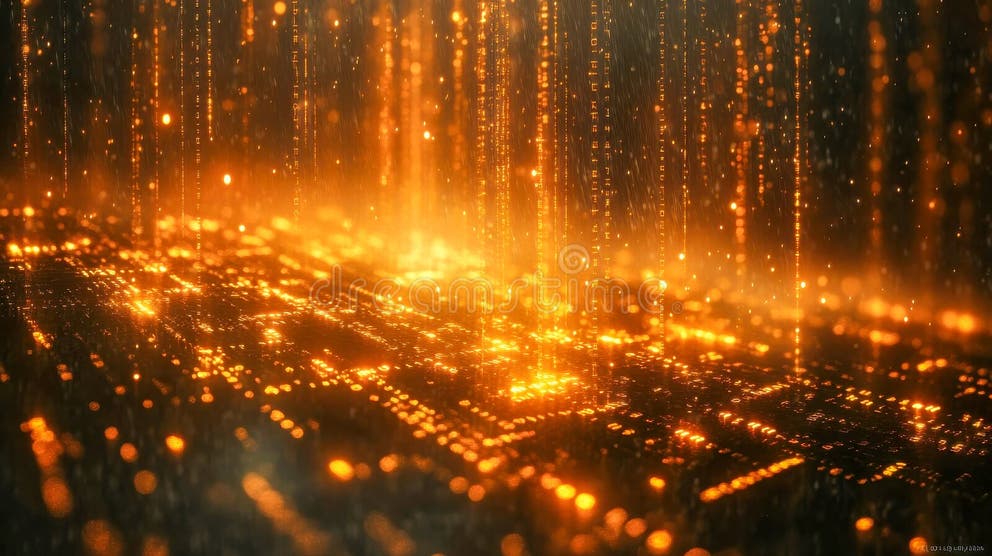 Vibrant, Golden Streams of Binary Data Flow Vertically, Evoking an ...