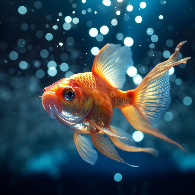 Vibrant Goldfish Swimming in the Blue Water with Glowing Bubbles. AI ...