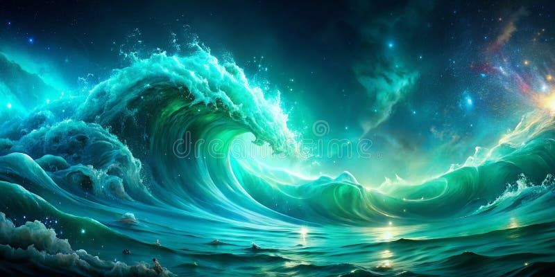 Vibrant Gradient Burst of Fluid Waves in Celestial Hues of Emerald and ...