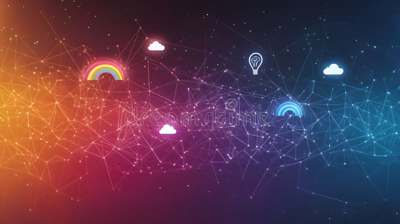 Vibrant Gradient Mesh Grid with Hovering Rainbow and Cloud Icons in Spaced Formation Stock Image ...