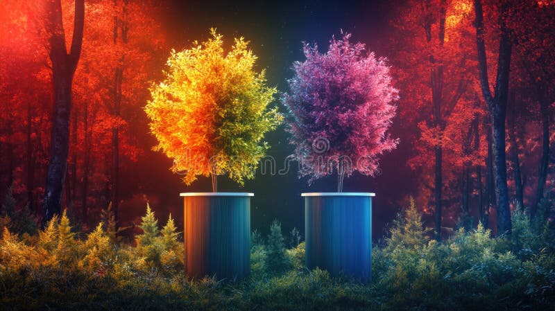 Vibrant Gradient Trees in Cylindrical Planters Amidst Enchanted Forest ...