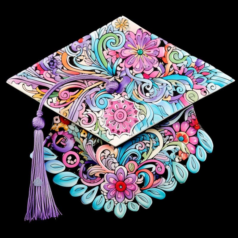 Vibrant Graduation Cap with Intricate Patterns and Cascading Graduation ...