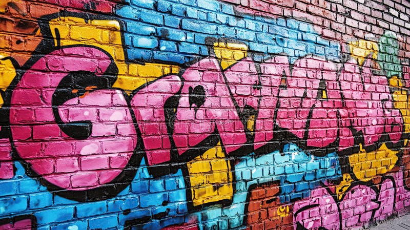 Vibrant Graffiti Art on a Brick Wall, Featuring Bold Pink, Blue, and ...
