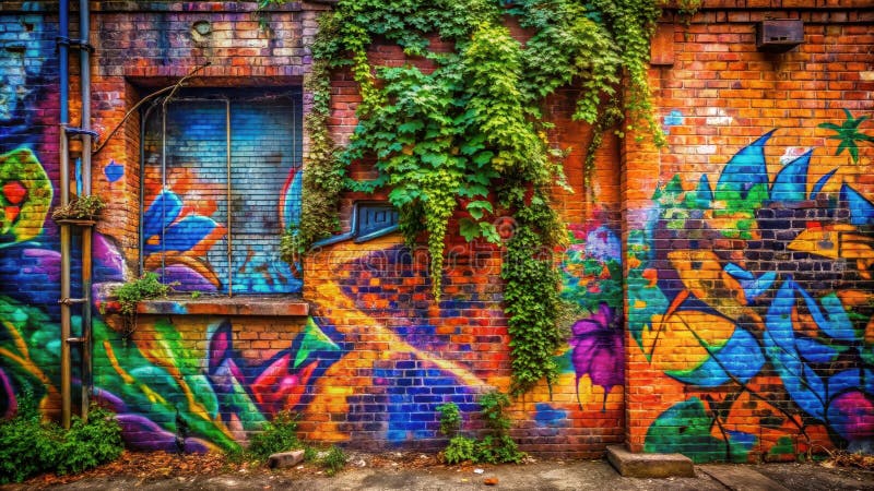 Vibrant Graffiti Art on Brick Wall with Lush Greenery. Generative AI ...
