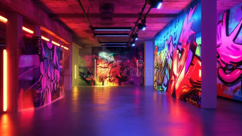Vibrant Graffiti Art Gallery Interior with Neon Lights Stock ...