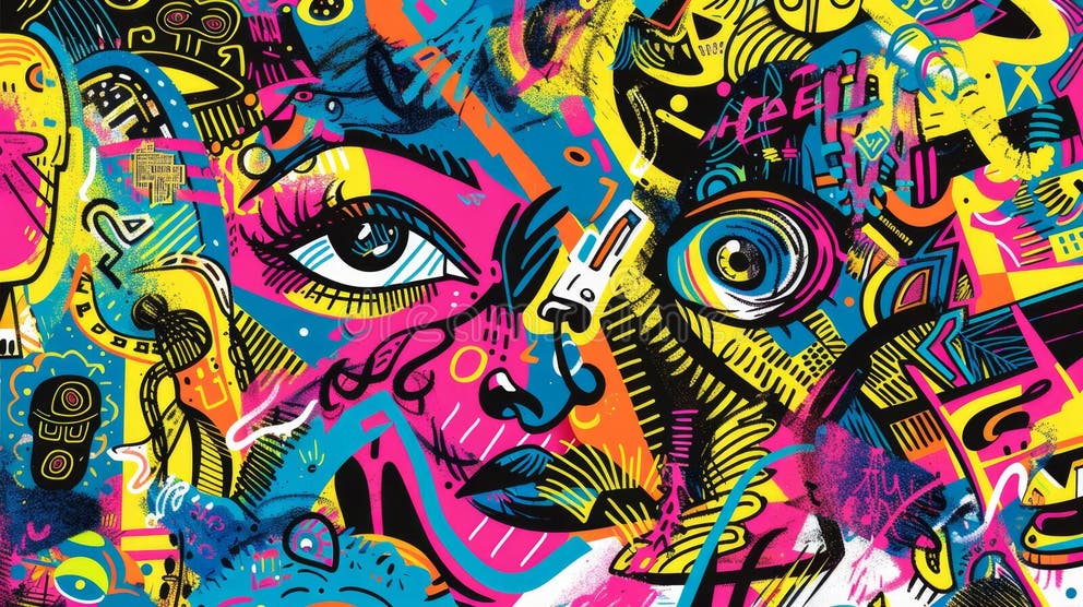Vibrant Graffiti Artwork Featuring Abstract Faces and Patterns Stock ...
