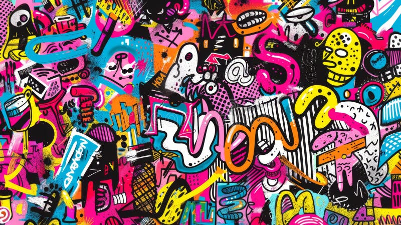Vibrant Graffiti Artwork Featuring Abstract Faces and Patterns Stock ...