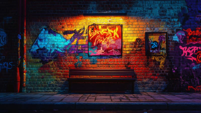 Vibrant Graffiti on Brick Wall at Night with a Bench Stock Illustration ...