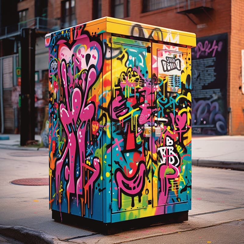 Vibrant Graffiti-covered Box at the Intersection of a Bustling City ...