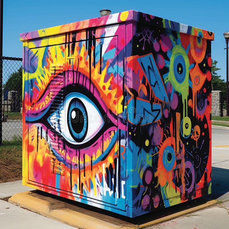 Vibrant Graffiti-covered Box at the Intersection of a Bustling City ...