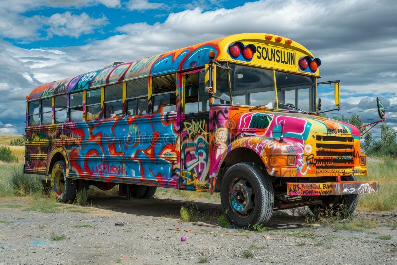 A Vibrant Graffiti-covered School Bus is Parked on the Side of the Road ...