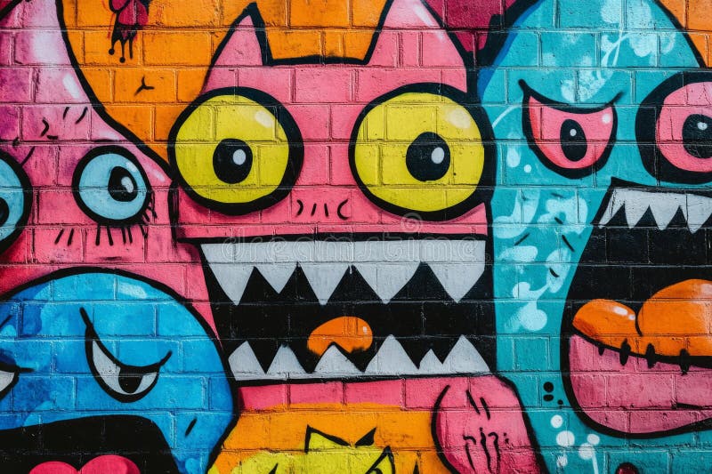 Vibrant Graffiti Featuring Cartoon Monsters on a Brick Wall Stock Image ...