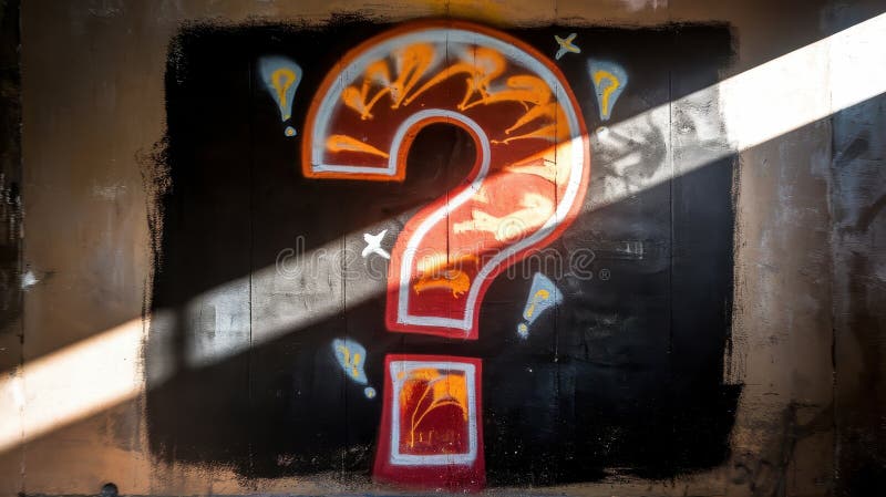 Vibrant Graffiti Question Mark Against a Dark Wall, Illuminated by Soft ...
