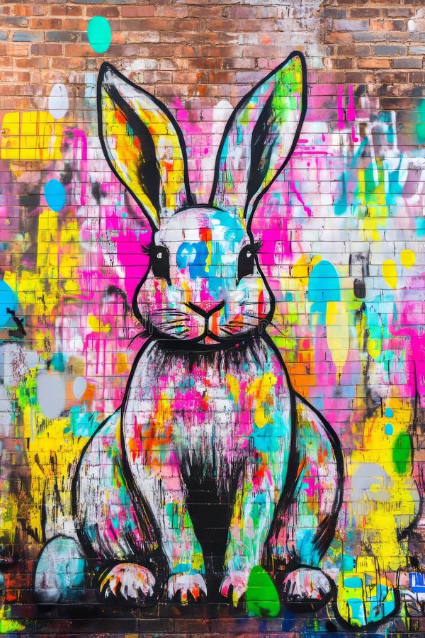 A Vibrant, Graffiti-style Easter Bunny Painted on a Brick Wall ...