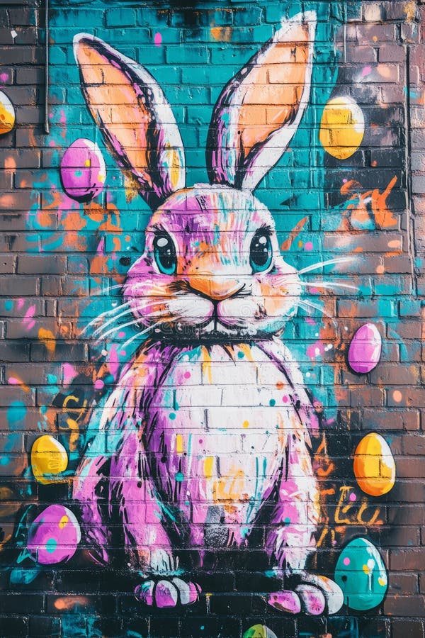 A Vibrant, Graffiti-style Easter Bunny Painted on a Brick Wall ...