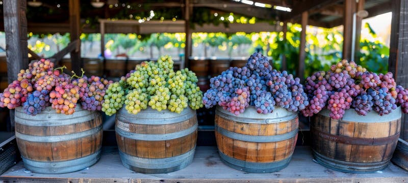 Vibrant Grapes in Barrels at Vineyard Warehouse Under Soft Evening ...