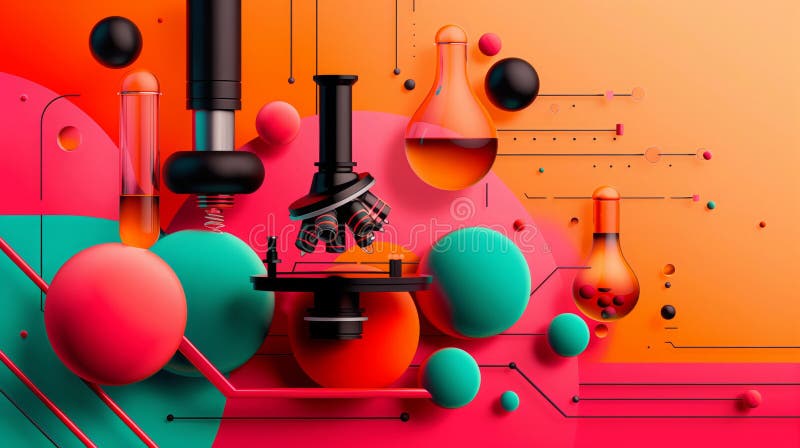 A Vibrant Graphic Collage with a Microscope, Beakers, and Molecular ...
