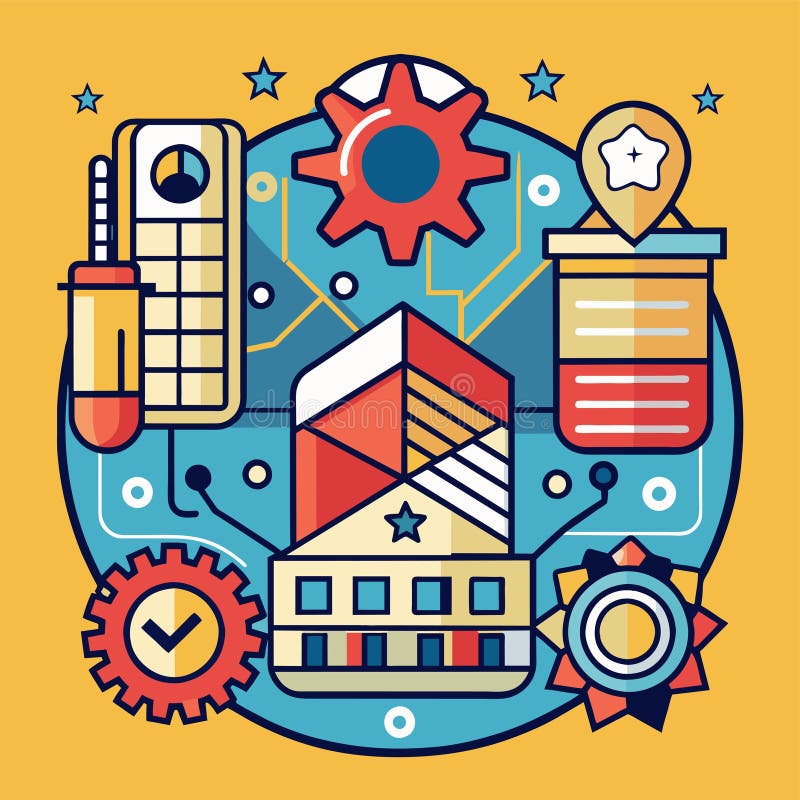 Vibrant Graphic Depicting a Building Amidst an Array of Diverse Objects ...