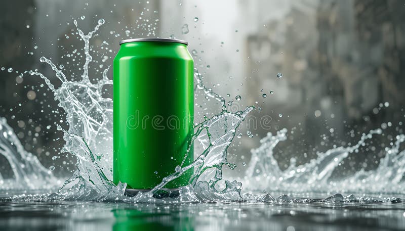 A Vibrant Green Aluminum Can Splashing into Water, Creating a Dynamic ...