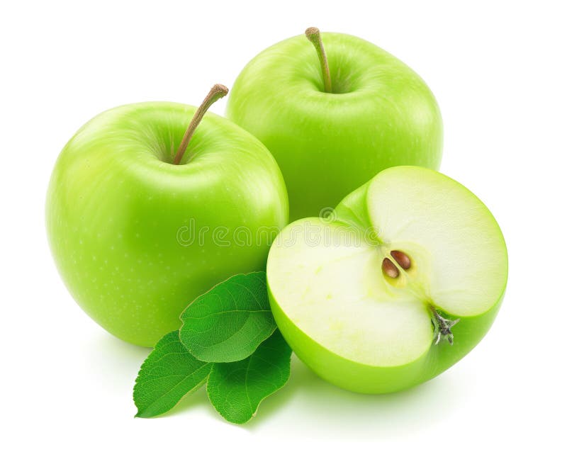 Vibrant Green Apples, Two Whole and One Half, Isolated on White Stock ...