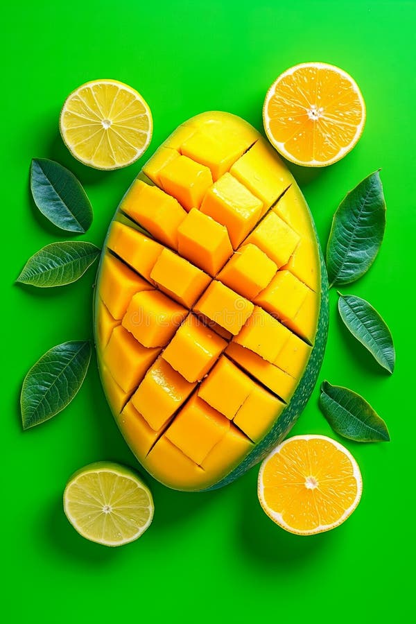 A Mango Cut in Half with Slices of Orange and Lemon on a Green ...