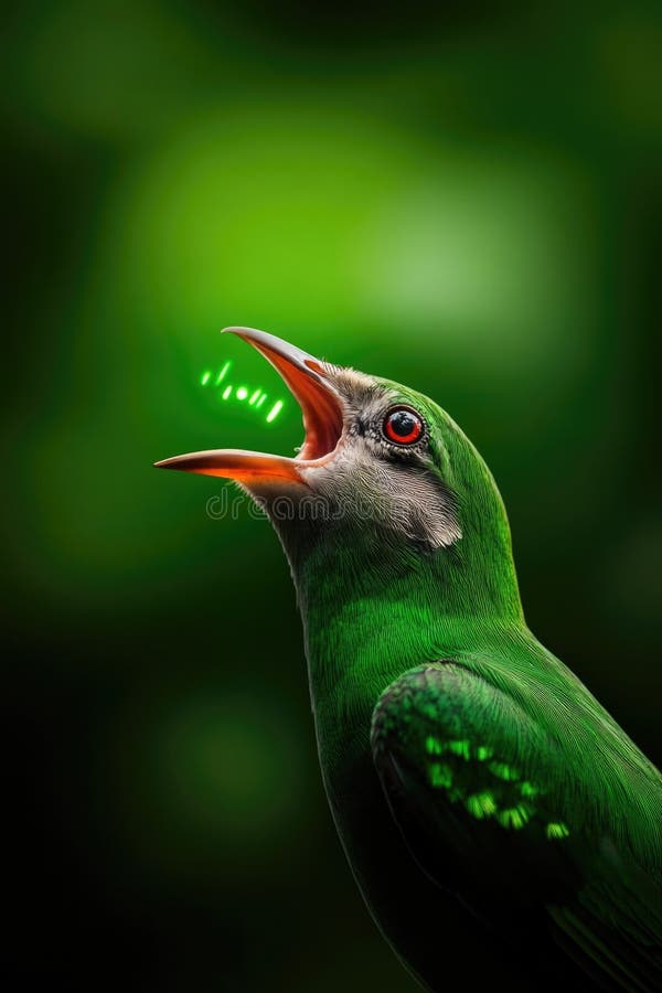 Vibrant Green Bird with Open Beak in Lush Tropical Forest Setting Stock ...