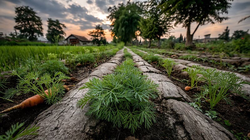 Vibrant Green Carrot Plants Growing in Rows at Sunset Stock ...