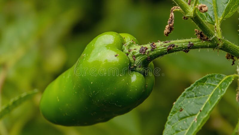 Vibrant Green Cayenne Pepper on Plant with Soil Particles on Stem ...