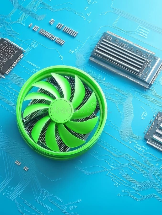 Green Cooling Fan on Circuit Board a Vibrant Green Computer Fan Sits ...