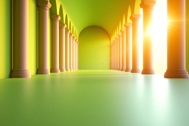 Vibrant Green Corridor with Tall Columns and Warm Sunlight Streaming in ...