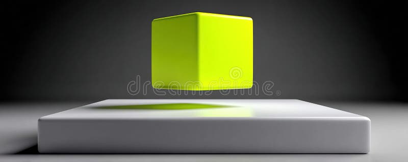 A Vivid Green Cube Floats Above a Pristine White Platform Against a ...