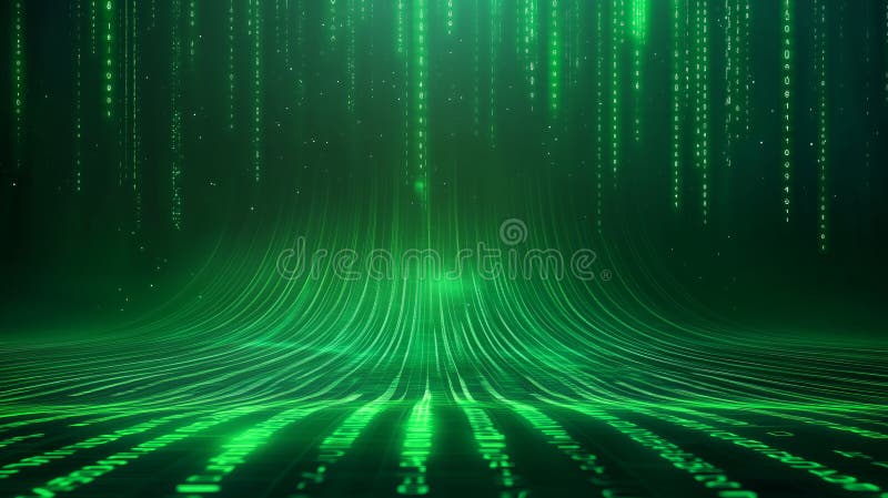 Abstract Green Digital Landscape with Cascading Data Streams at Night ...