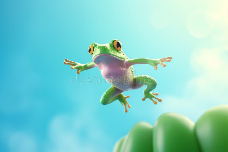 Vibrant Green Frog in Action, Gliding through Air with Sky Backdrop ...