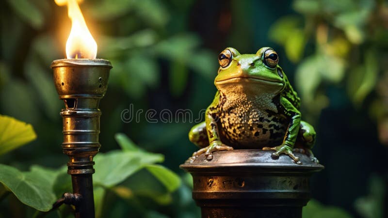Serene Green Frog Perched on a Lighted Torch in Tropical Garden Stock ...