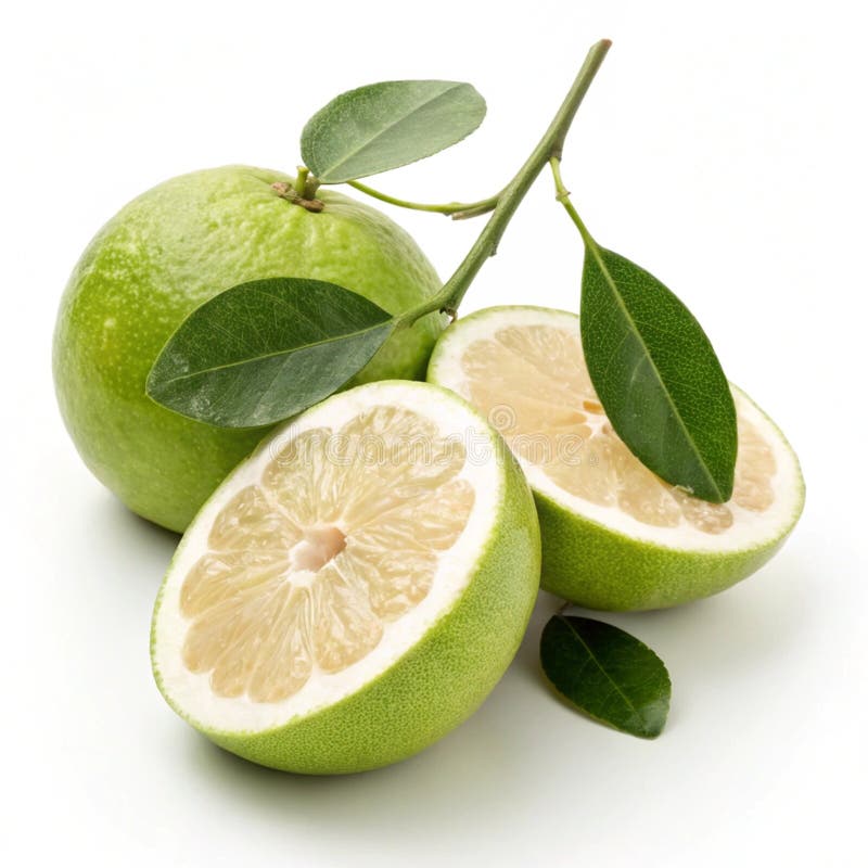 Split Green Fruit with Stem and Leaves Isolated on White Background ...
