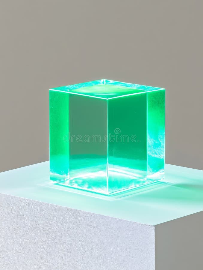 Illuminated Green Glass Cube a Vibrant Green Glass Cube Sits on a White ...