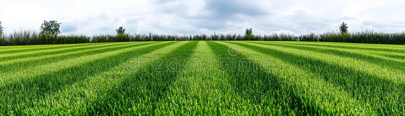 Vibrant Green Grass Field with Clear Sky and Distant Trees Stock ...